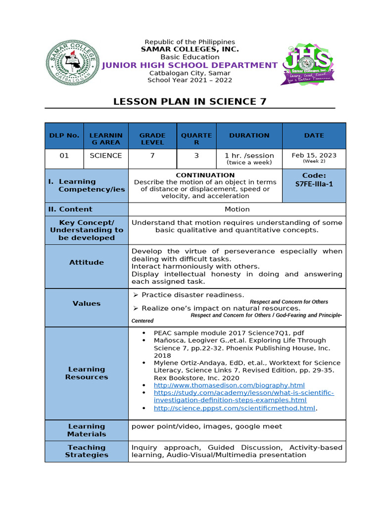 Science 7 Lesson Plan: Motion Concepts | PDF | Acceleration | Velocity