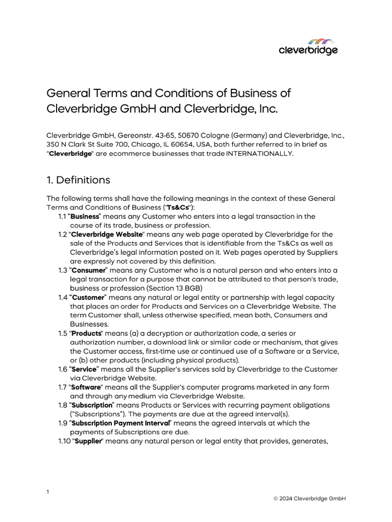 General Terms and Conditions of Business of Cleverbridge GMBH and ...