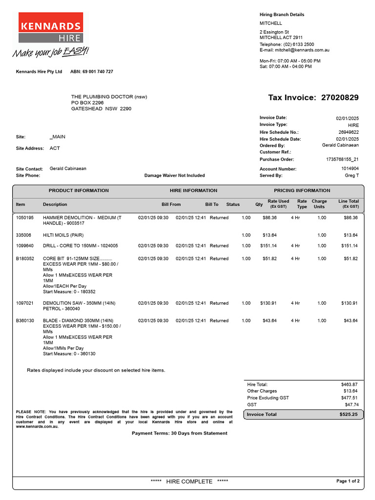 HIRE Invoice 27020829 For Site - MAIN - 2025-Jan-03 | PDF | Invoice ...