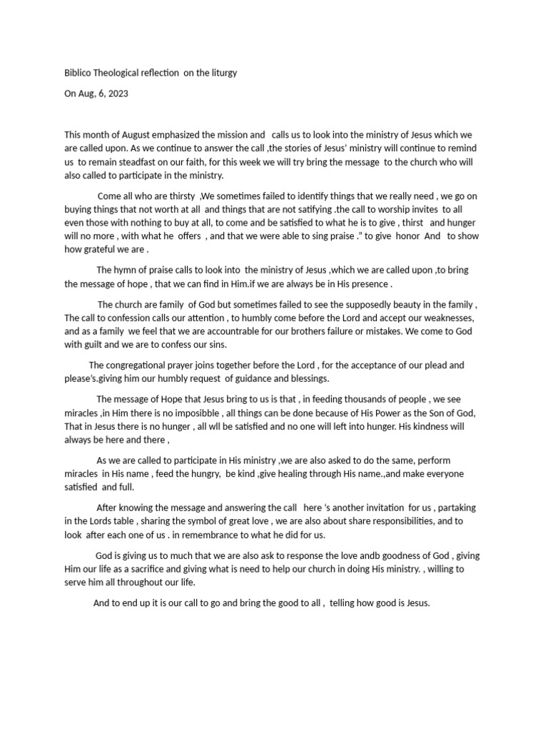 Biblico Theological Reflection On The Liturgy | PDF | Ministry Of Jesus ...