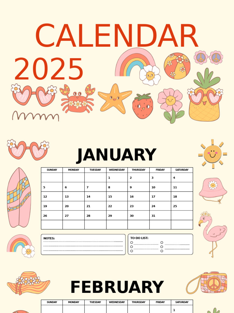 Modern Minimalist Red & Cream Playful Illustrative 2025 Calendar | PDF