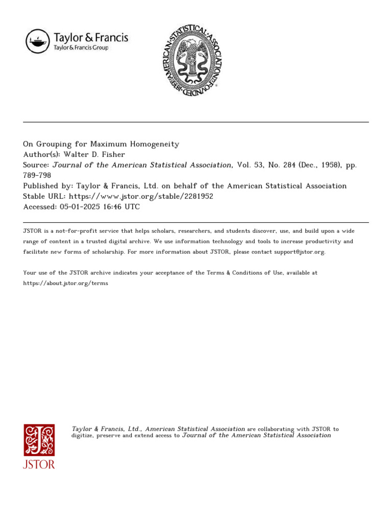 On Grouping For Maximum Homogeneity - Walter D. Fisher | PDF | Sampling ...