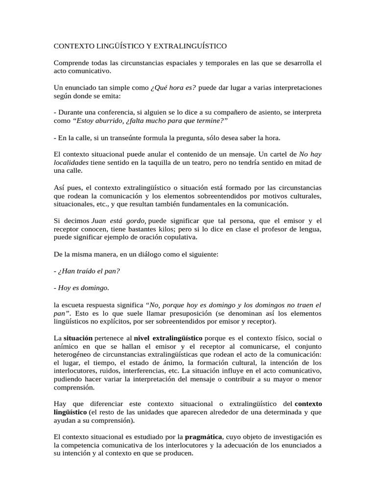 Contexto Lingüístico y Extralingüístico | PDF | Comunicación humana ...