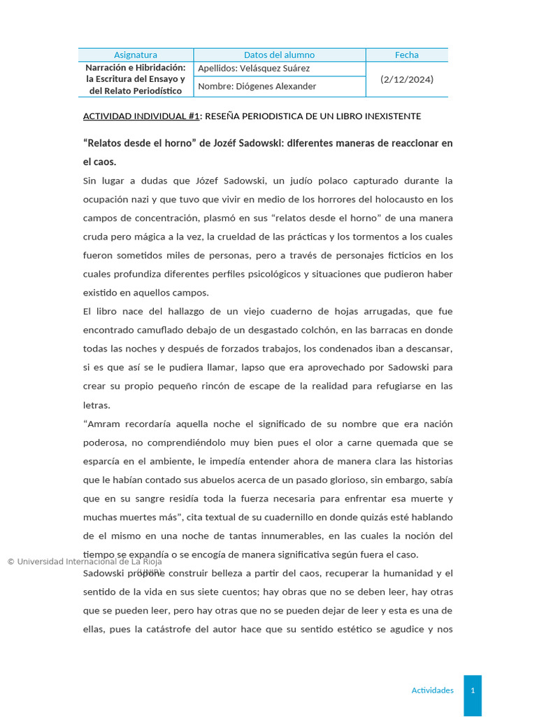 Actividad 1. Reseña de Libro Inexistente - Comentario Profesor Añadido ...