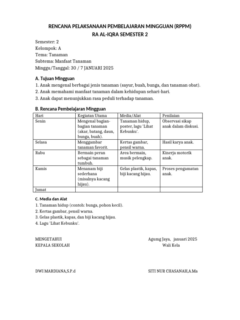 RPPM_Tema_Tanaman_Mingguan_Semester_2_RA AL -IQRA_2024_2025 | PDF