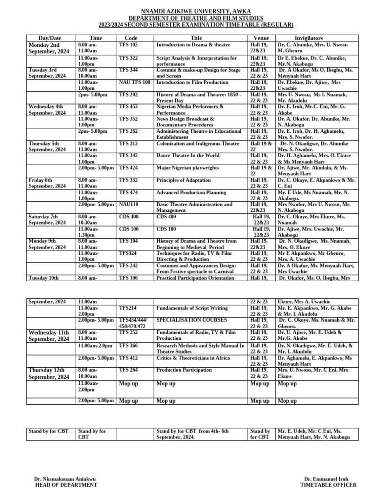 revised tfs copy 2023 2024 Second Semester Departmental Exam Timetable | PDF