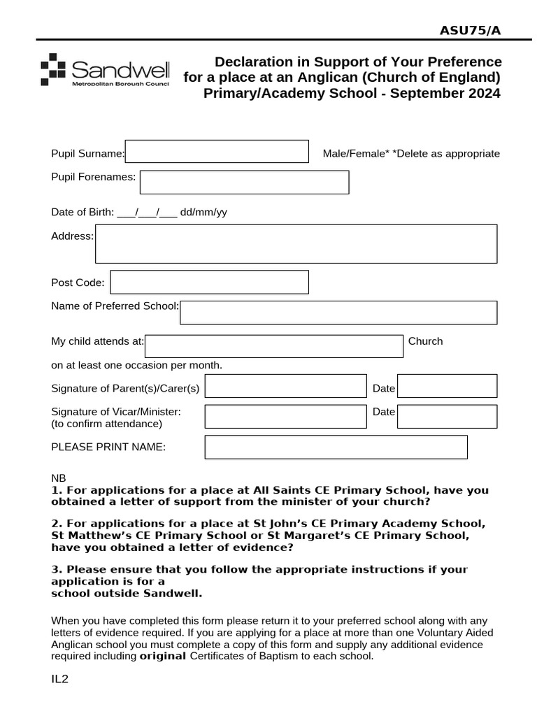 ASU75A C of E PrimaryAcad Denominational Support Form 2025 | PDF
