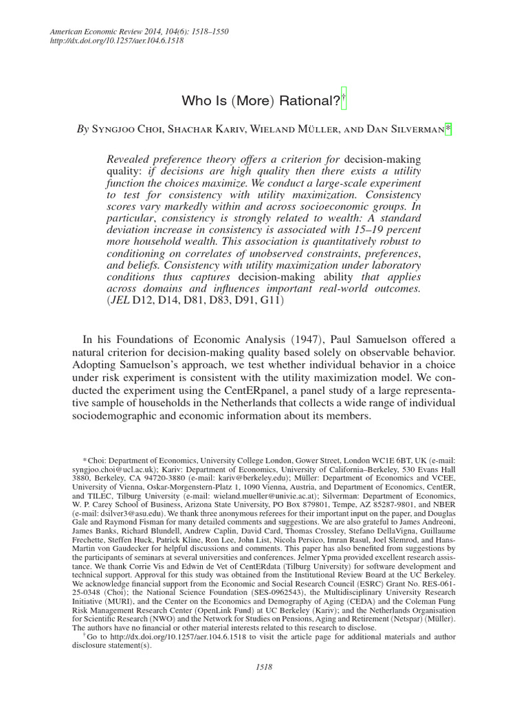 Choi Et Al 2014 Who Is (More) Rational | PDF | Decision Making | Utility