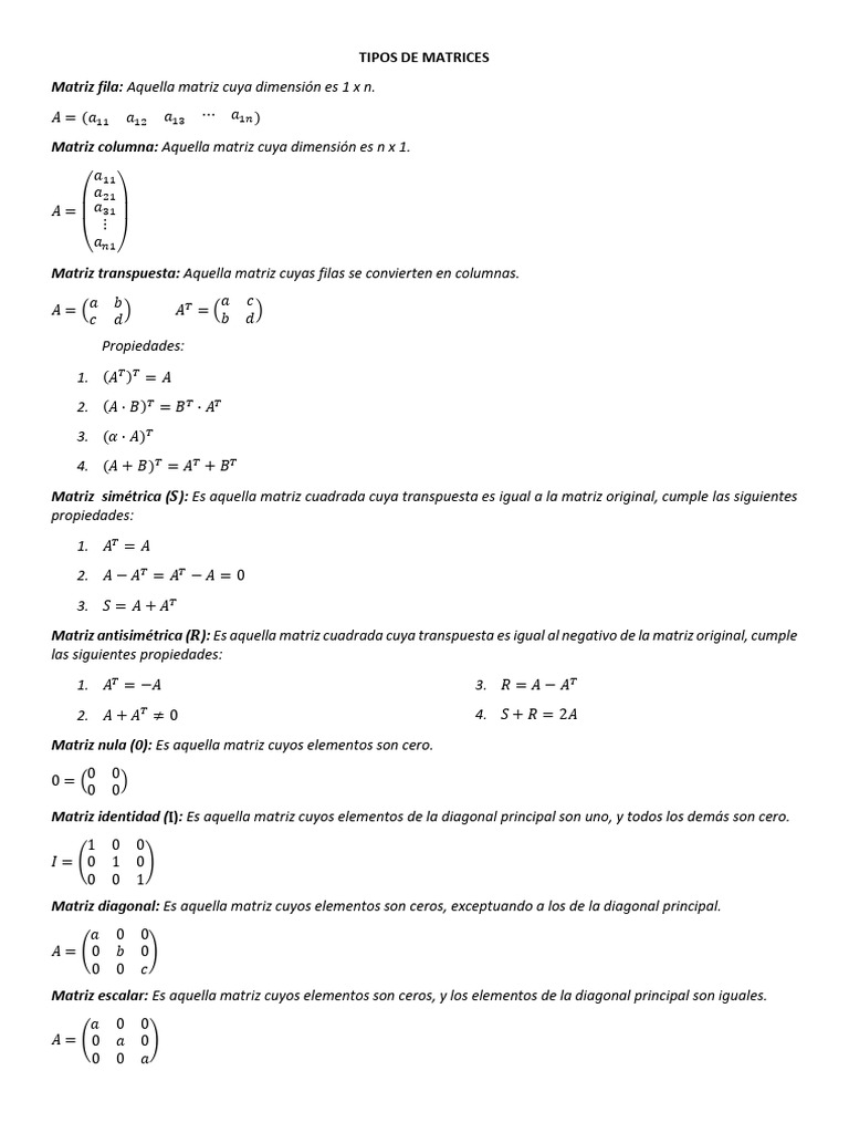 Álgebra Lineal - Tipos de matrices | PDF | Matriz (Matemáticas) | Álgebra