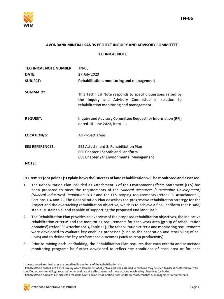 055 Proponent Technical Note 6 Rehabilitation Monitoring and Management ...