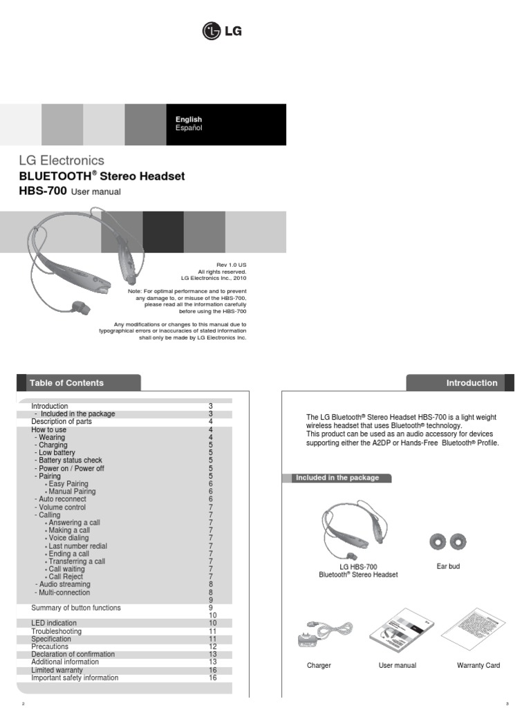LG Tone HBS-700 Bluetooth Headset Manual | PDF
