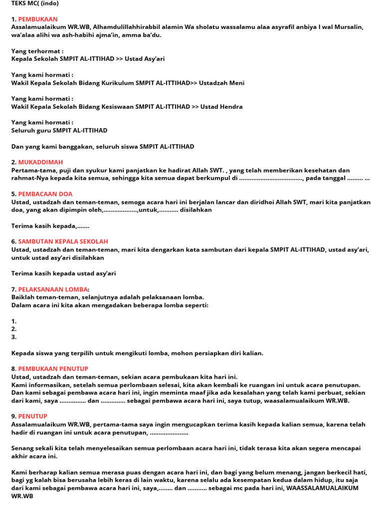 TEKS MC(ENGLISH) 1. PEMBUKAAN Assalamualaikum WR.wb ...