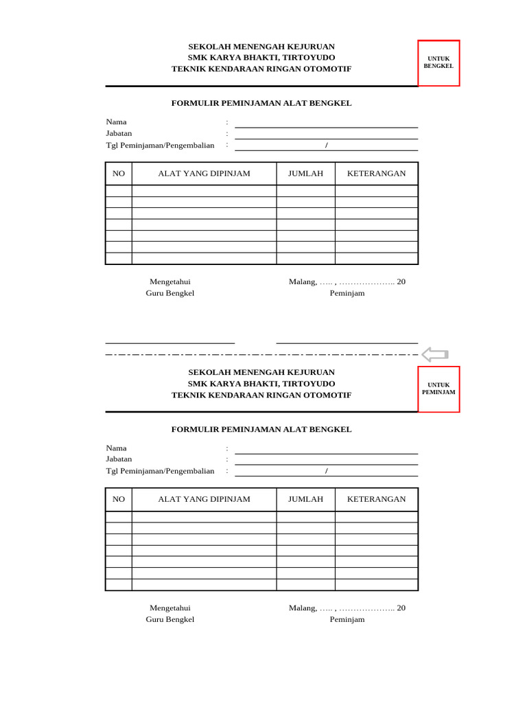 Formulir Peminjaman Alat Bengkel | PDF