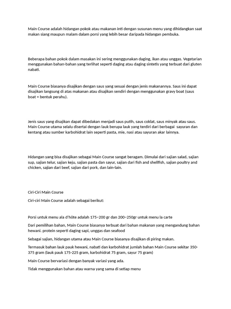 Main Course Adalah Hidangan Pokok Atau Makanan Inti Dengan Susunan Menu ...
