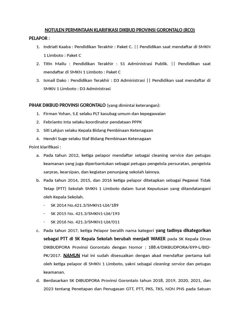 Notulen Permintaan Klarifikasi Dikbud Provinsi Gorontalo (Rco) | PDF