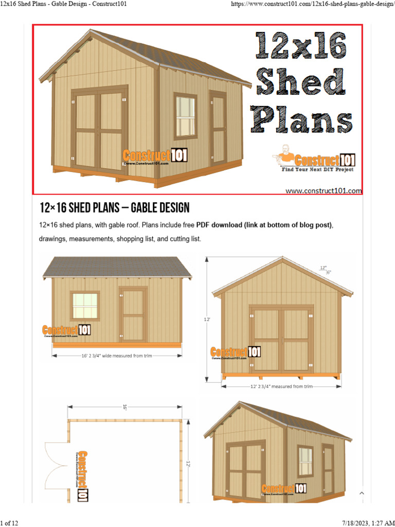 Free 12x16 Gable Shed Plans PDF | PDF | Framing (Construction ...