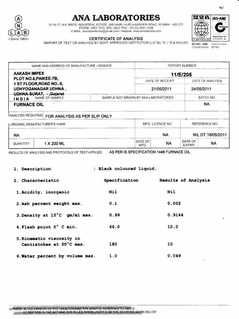 Aakash Impex Furnace Oil Test Report | PDF | Business | Technology ...