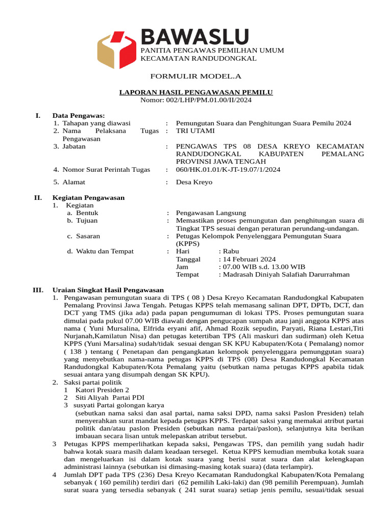 Laporan Pengawasan Pemilu 2024 TPS Kreyo | PDF
