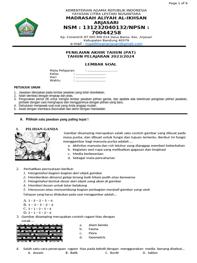 Naskah Soal Sbk Pat Ma 2024 | PDF