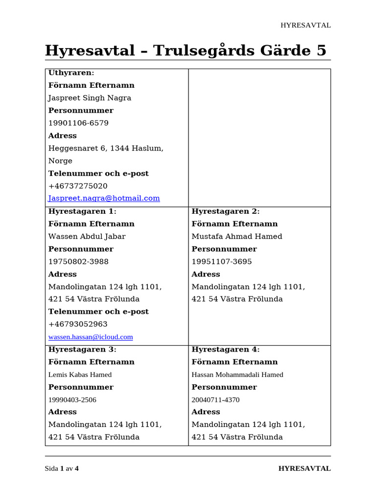 Hyresavtal Hyreskontrakt TrulesgardsGarde5 | PDF