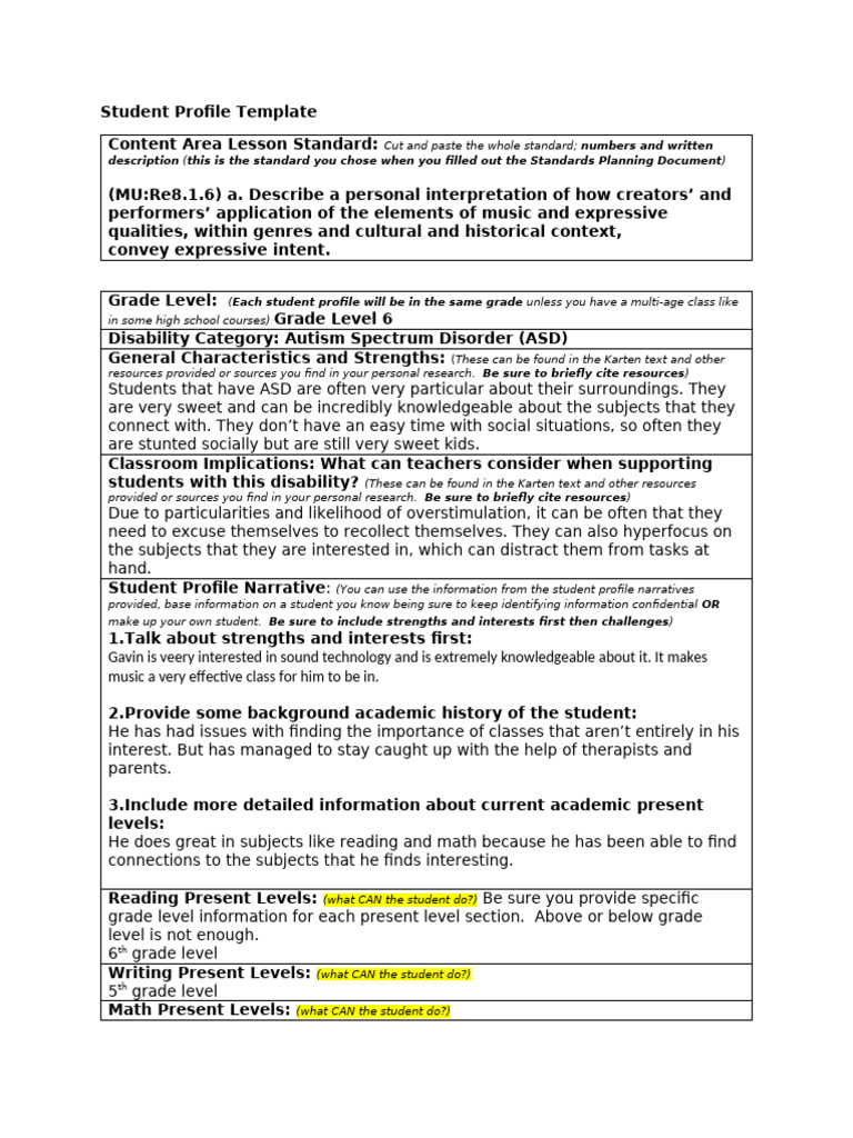 Student Profile Template for ASD & VI | PDF | Special Education | Cognition