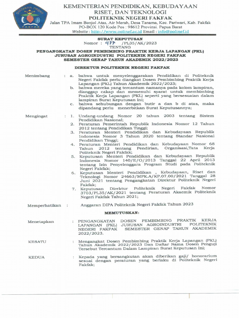 SK Pembimbing PKL | PDF