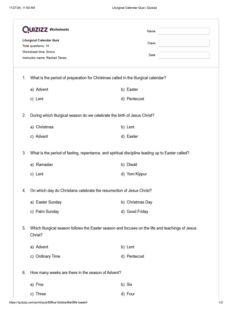 Liturgical Calendar Quiz - Quizizz | PDF | Liturgical Year | Advent