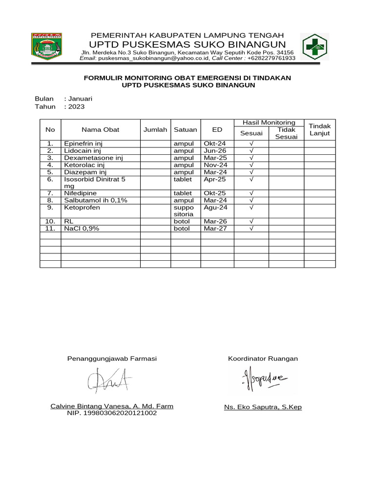 Formulir Monitoring Obat Emergensi Di Tindakan | PDF