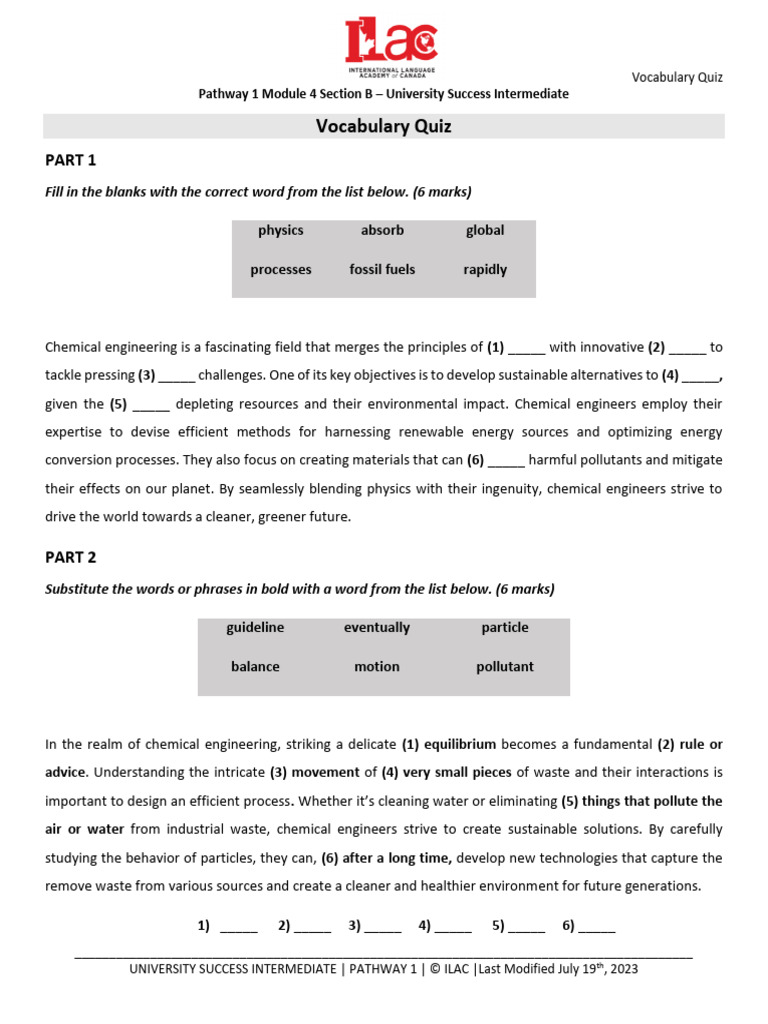 Pathway 1 Module 4 Section B - Vocabulary Quiz | PDF | Sustainability | Waste