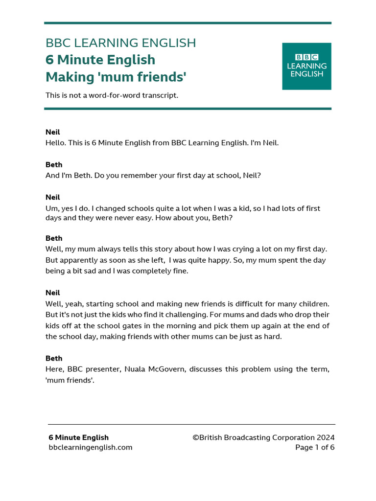 6 Minute English Making Mum Friends Transcript | PDF
