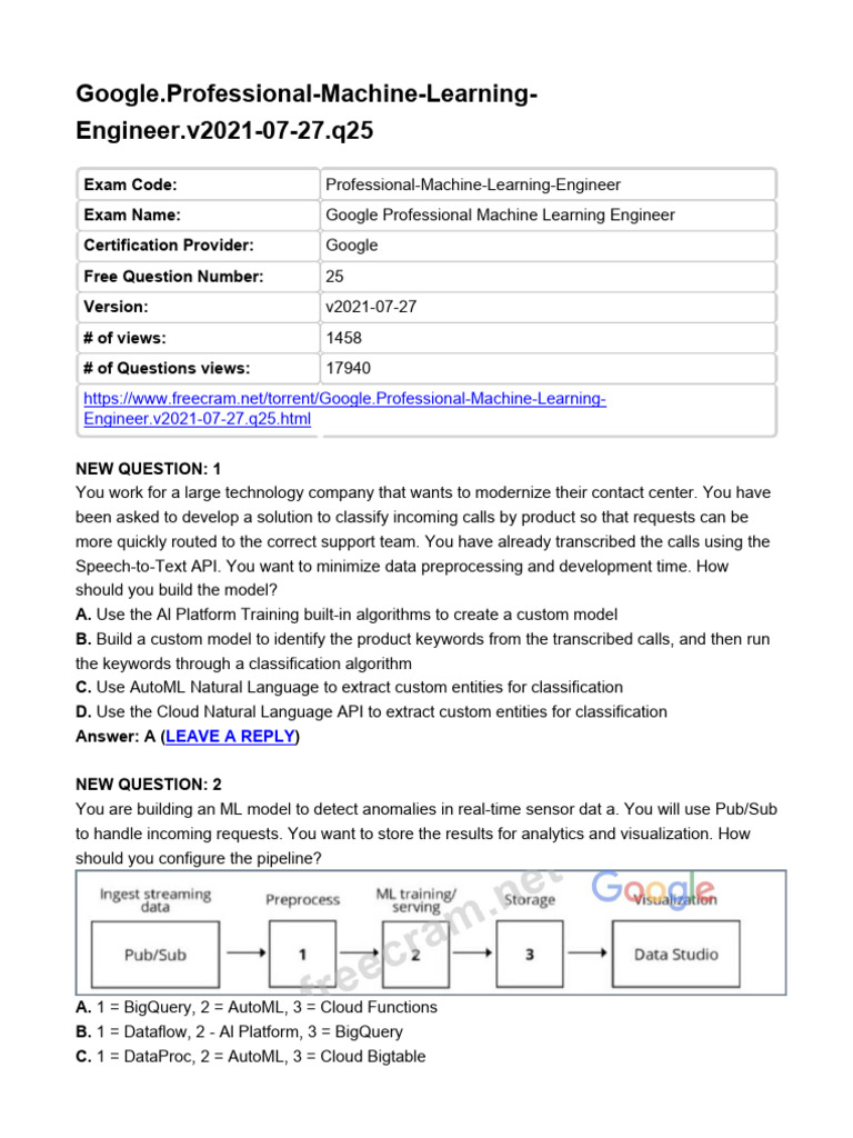 Google.Professional-Machine-Learning-Engineer.v2021-07-27.q25 | PDF ...