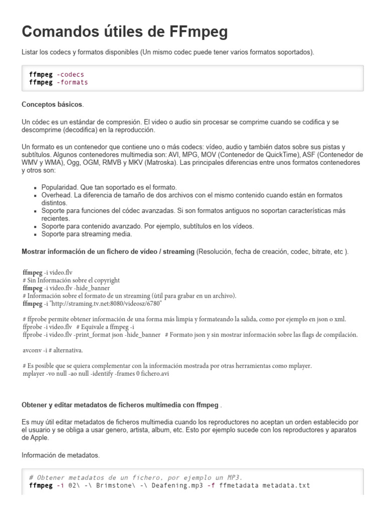 Comandos Ffmpeg Utiles | PDF | Códec | Formatos de archivo de computadora