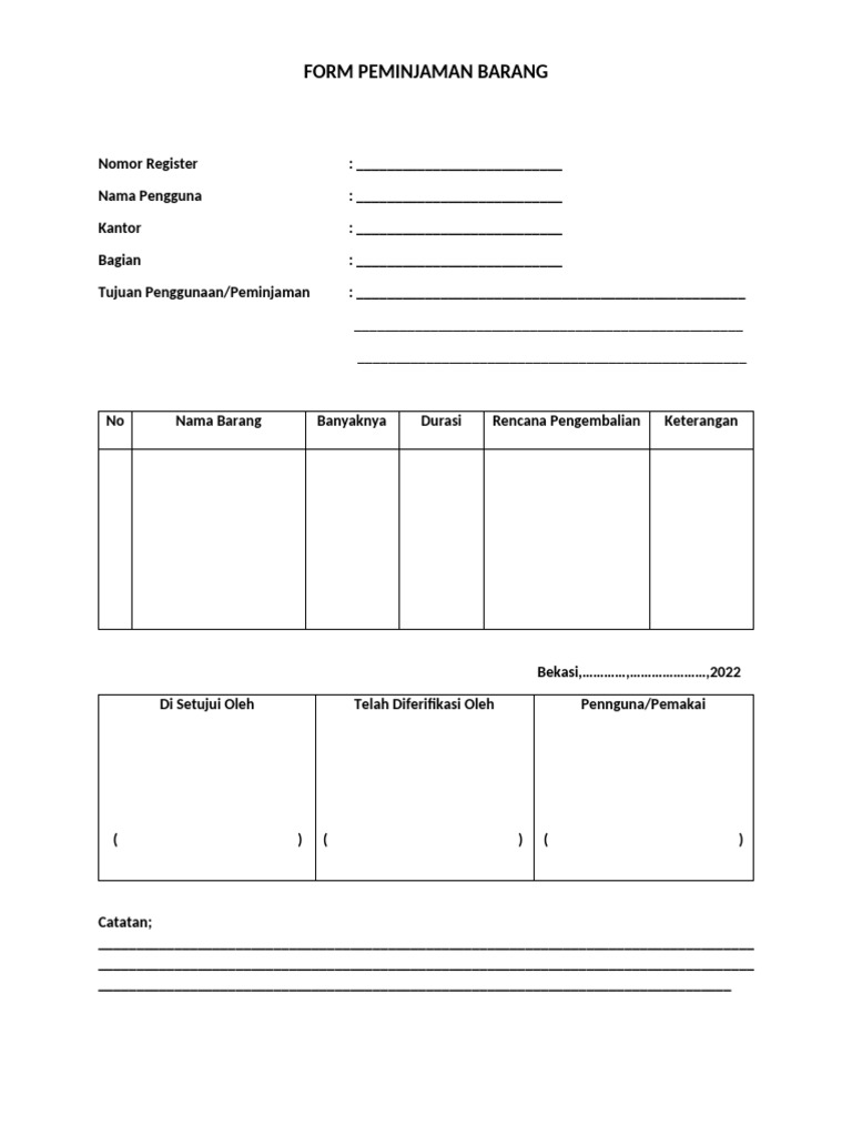 Form Peminjaman Barang Resmi | PDF