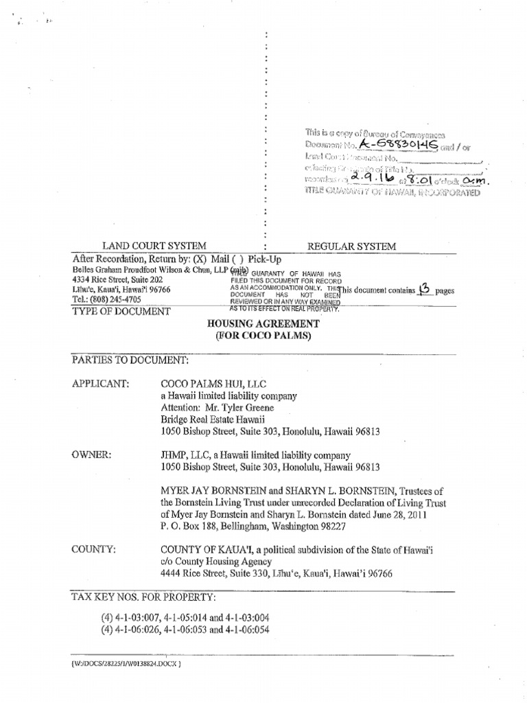 Coco Palms Workforce Housing Agreement - Recorded | PDF