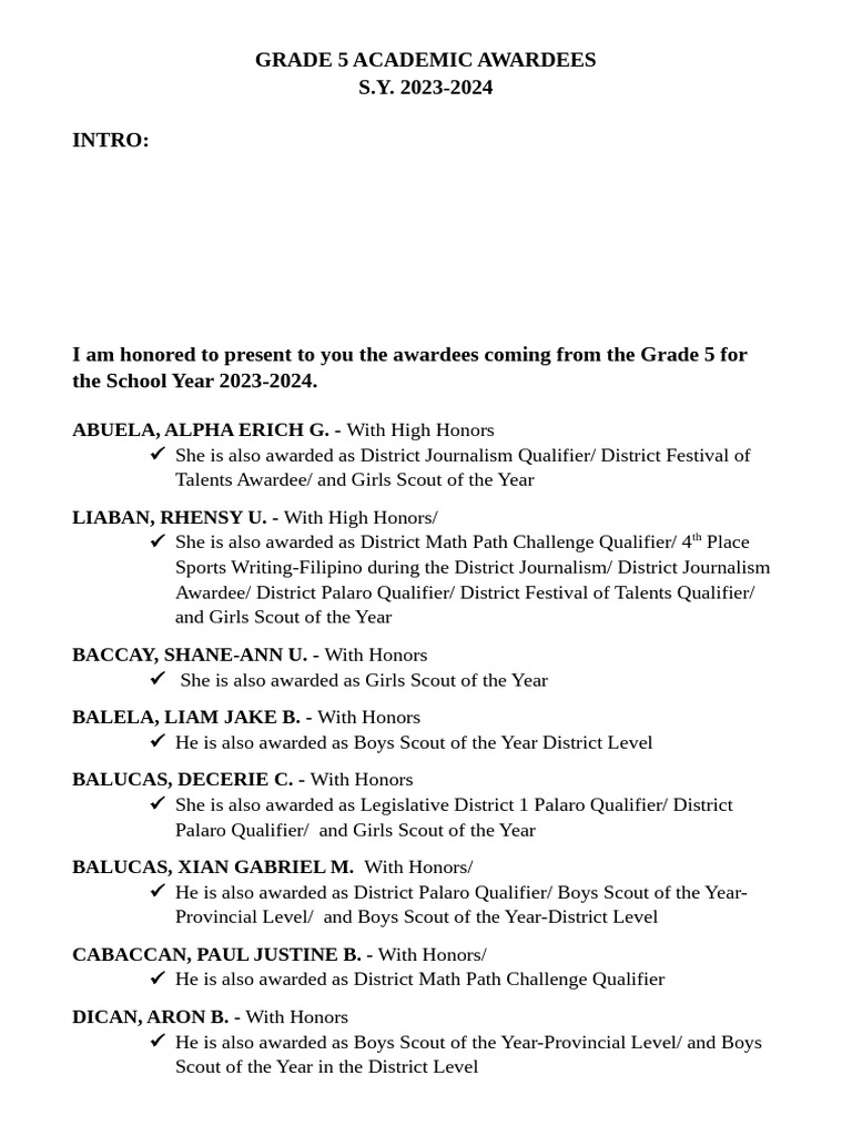Grade 5 Academic Awardees | PDF | Scouting | Youth Movements