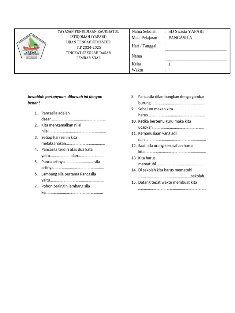 SOAL P.PANCASILA KELAS 1 | PDF