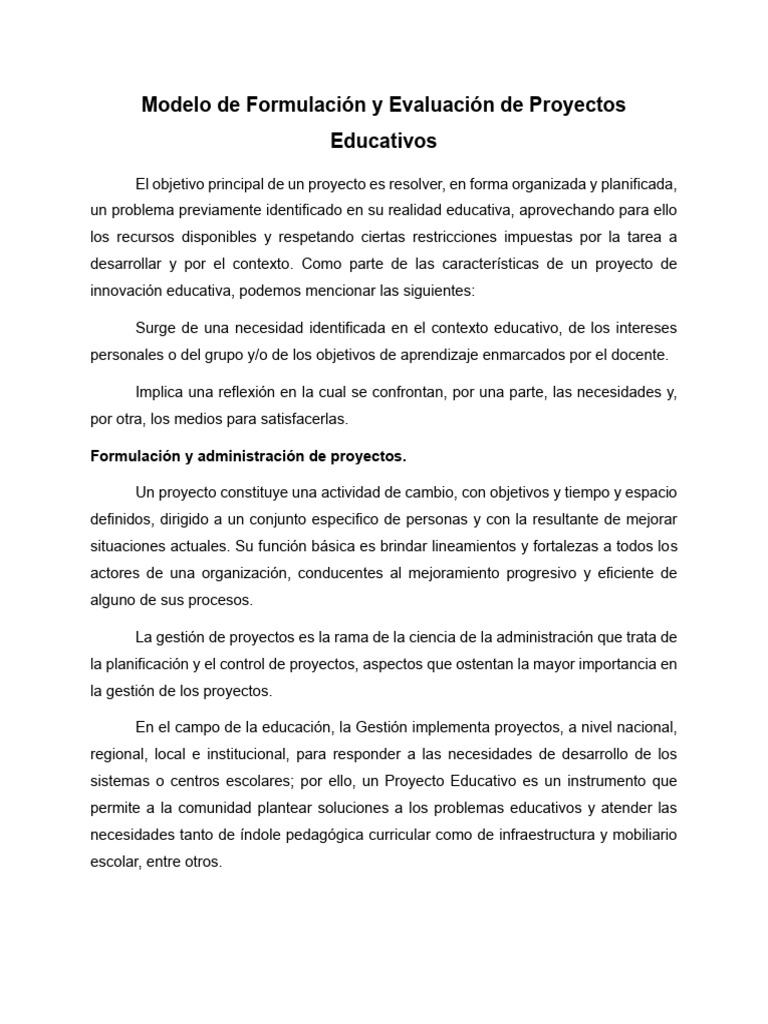 Modelo de Formulación y Evaluación de Proyectos Educativos | PDF | Evaluación | Planificación