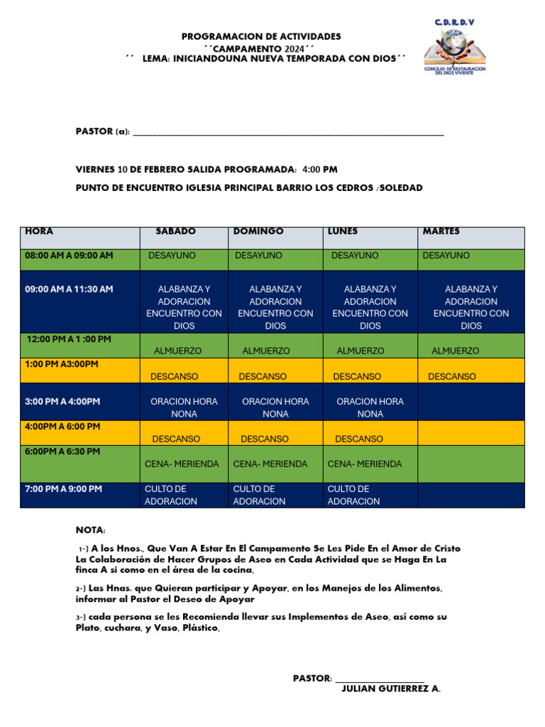 Programacion de Actividades Campamento 2024 | PDF