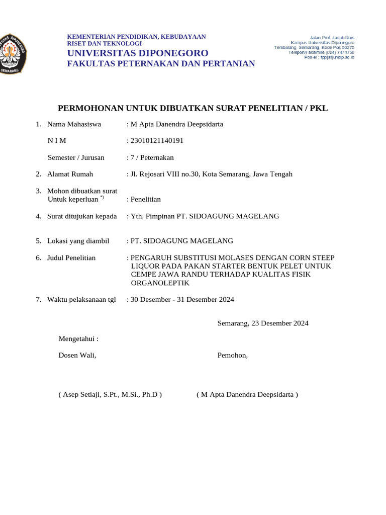 Surat Permohonan Penelitian Peternakan | PDF