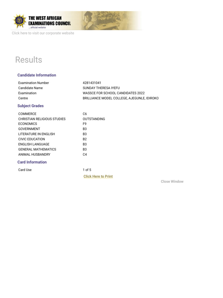 Waecdirect Online - Results | PDF