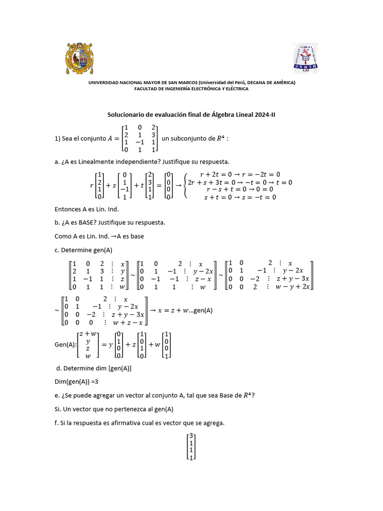 Solucionario Final de ALGLIN 2024-II (1) (1) | PDF | Mapa lineal | Física Matemática