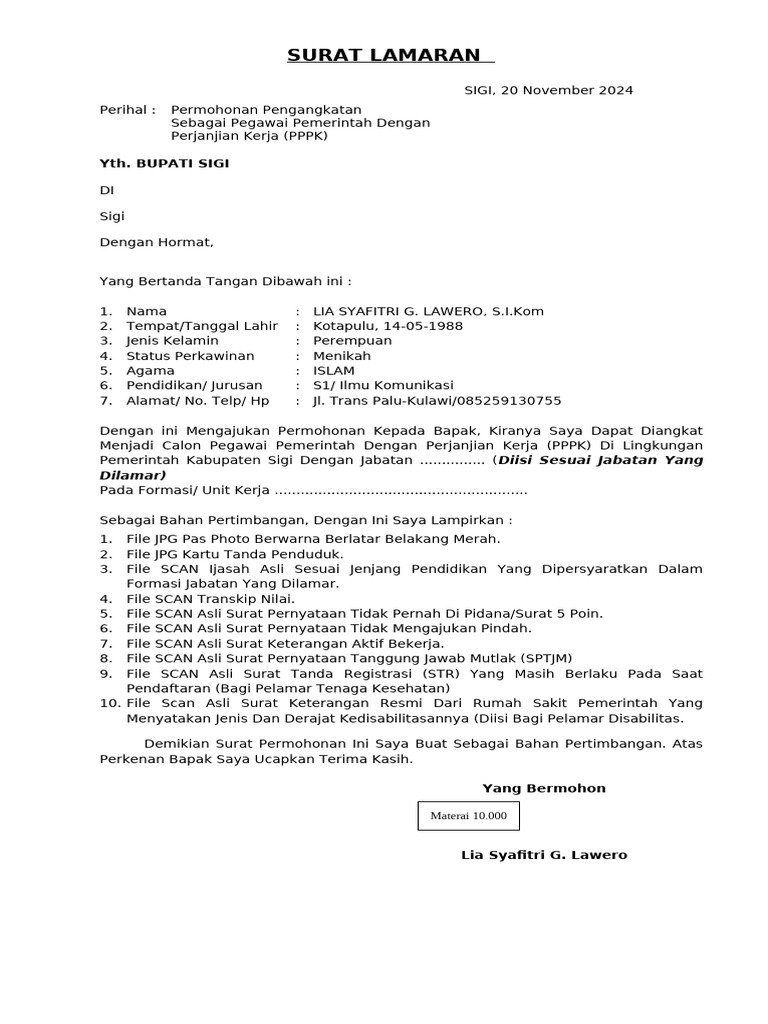 FIX SURAT LAMARAN LIA LAWERO (Berkas Semua P3K) | PDF