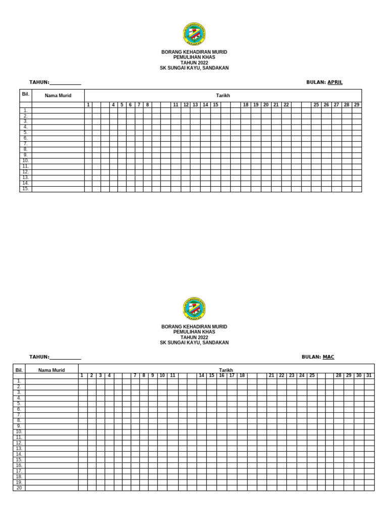 Borang Kehadiran Murid Pemulihan | PDF