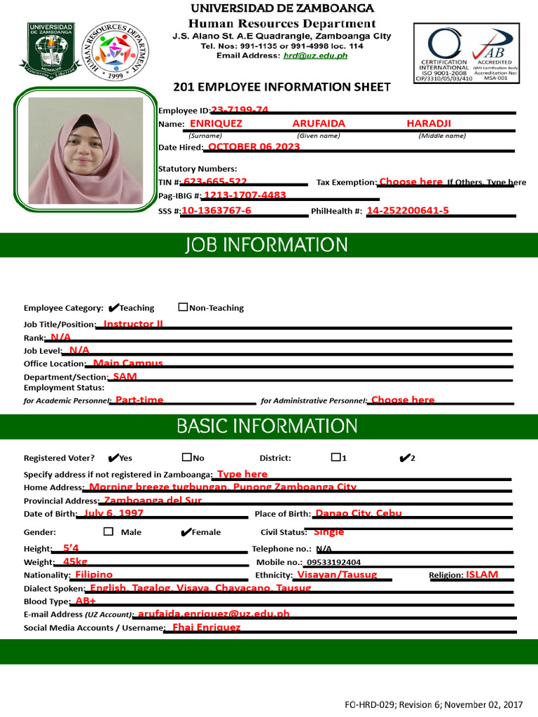 ENRIQUEZ FO HRD 029 201 Employee Information Sheet 1.Docx (1) | PDF ...