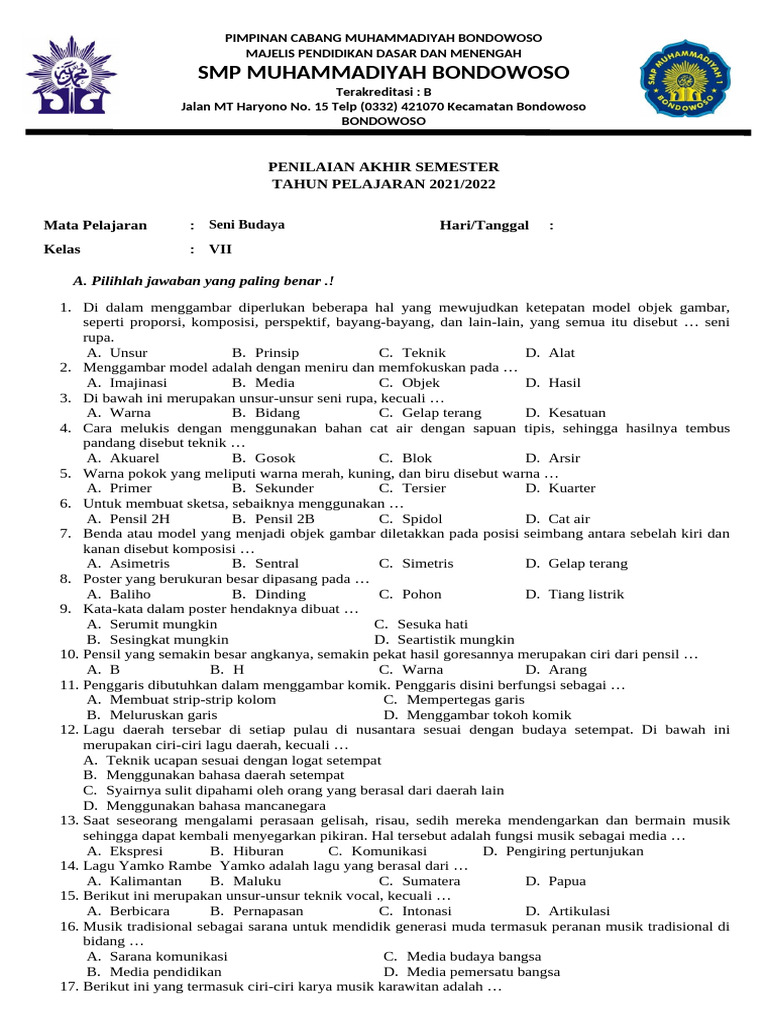 Format Naskah Soal PAS 2021 SBK 8 | PDF