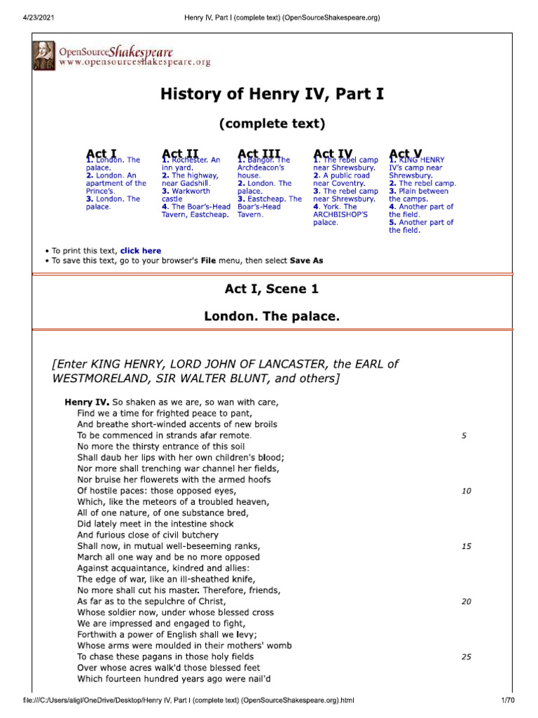 Henry IV, Part I (complete text) (OpenSourceShakespeare) | PDF
