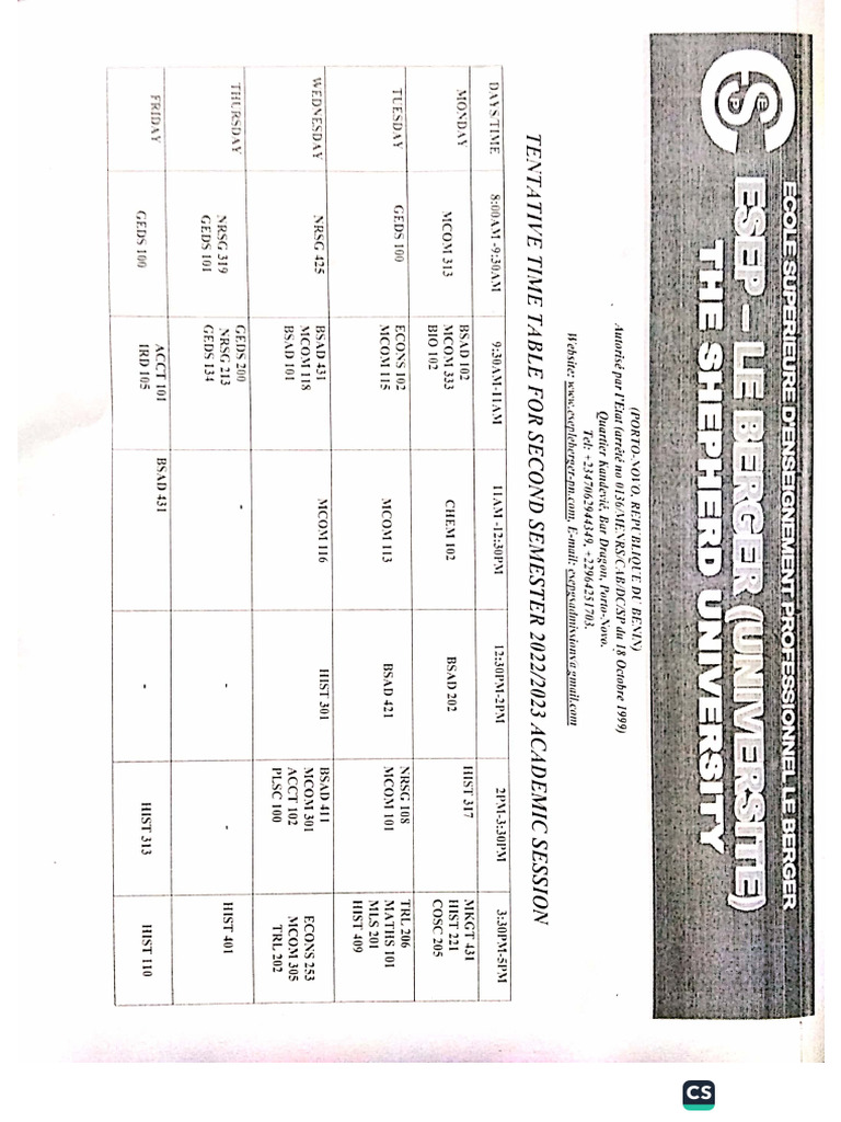 Tentative Time Table For Second Semester | PDF