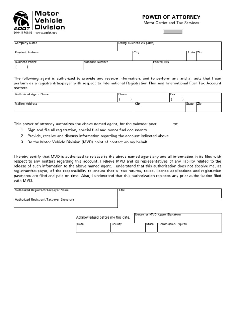 Legal Arizona Motor Vehicle Division Power of Attorney Form | PDF ...