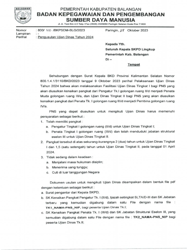 Edaran Ujian Dinas Balangan 2024 | PDF