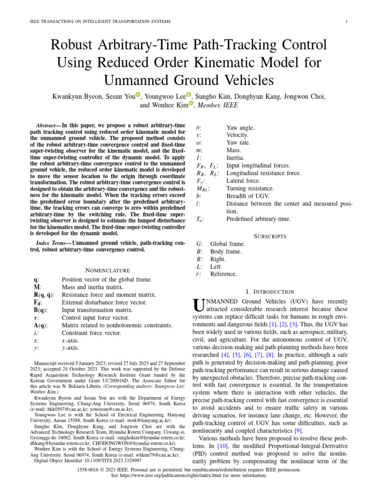 Robust Arbitrary-Time Path-Tracking Control Using Reduced Order Kinematic Model For Unmanned ...